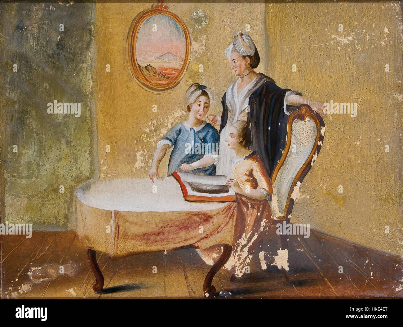 *Hinterglasbild Genreszene Frau mit Kindern und Buch* is a traditional painted glass artwork ...