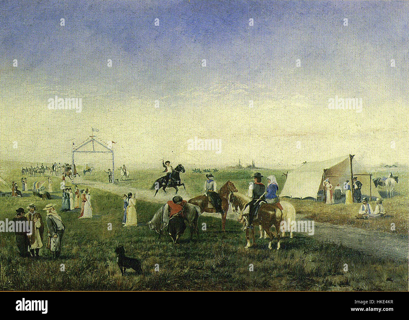 A painting by Horacio Espondaburu titled 'Corrida de sortijas,' depicting the traditional ...