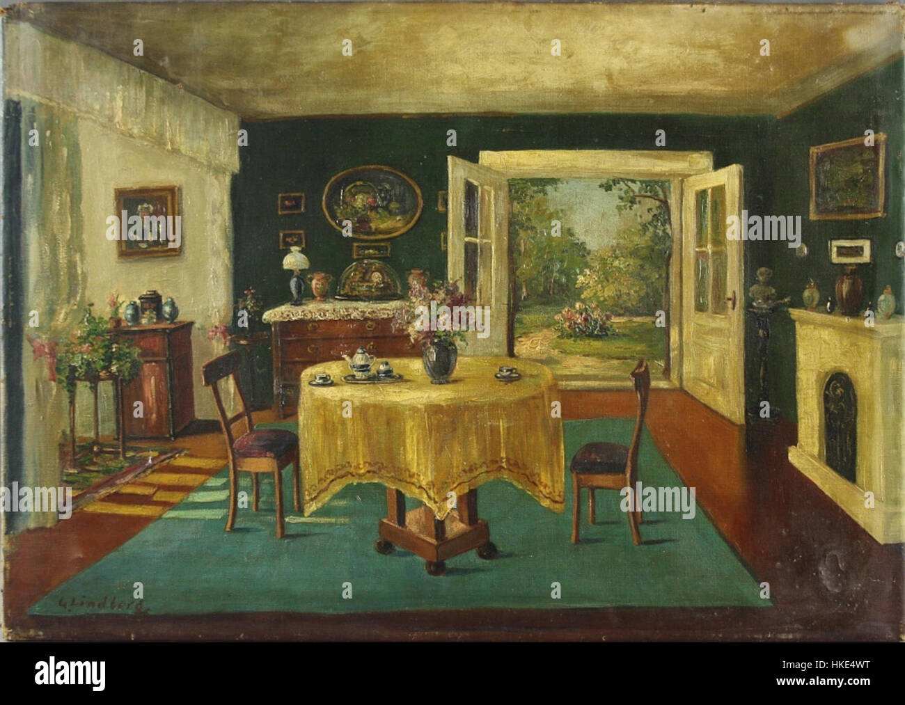 This c. 1900 painting titled 'Interieur mit Blick auf den Garten ...