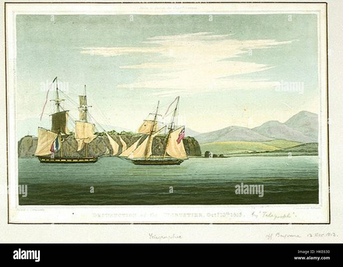 The painting 'HMS Telegraph (1813) and Flibustier' depicts naval ...