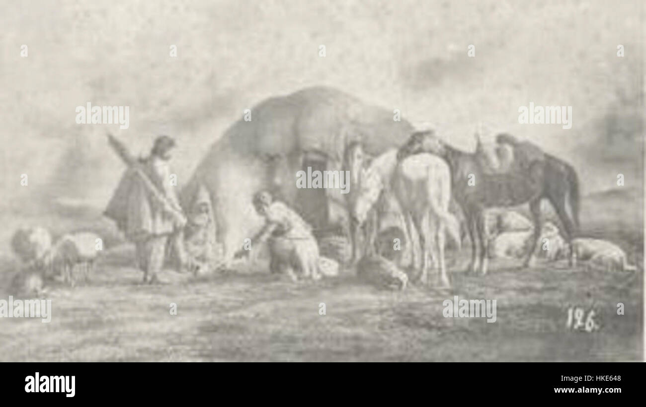 This painting depicts a scene of Khevsur warriors in their camp ...