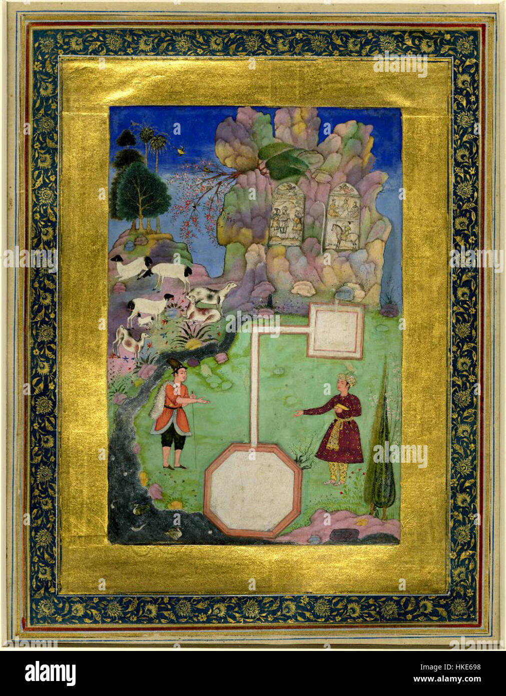 A scene from the Khamseh of Nizami, depicting Khusrau and Shirin beside ...