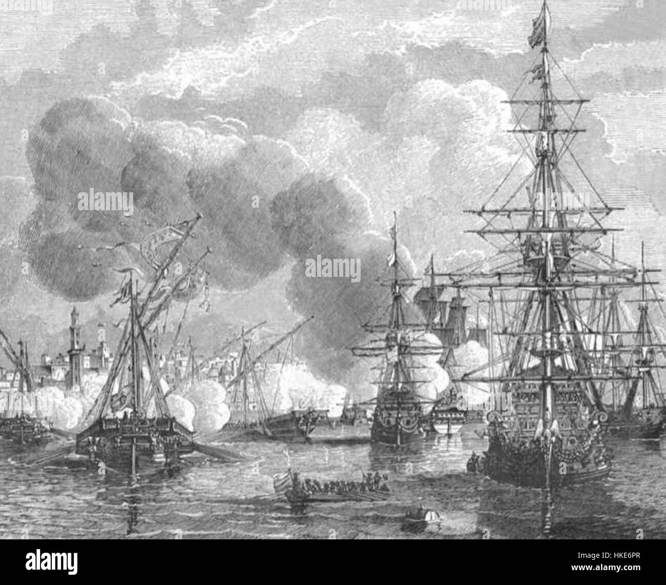 This historical painting depicts the Bombardment of Genoa by Duquesne ...