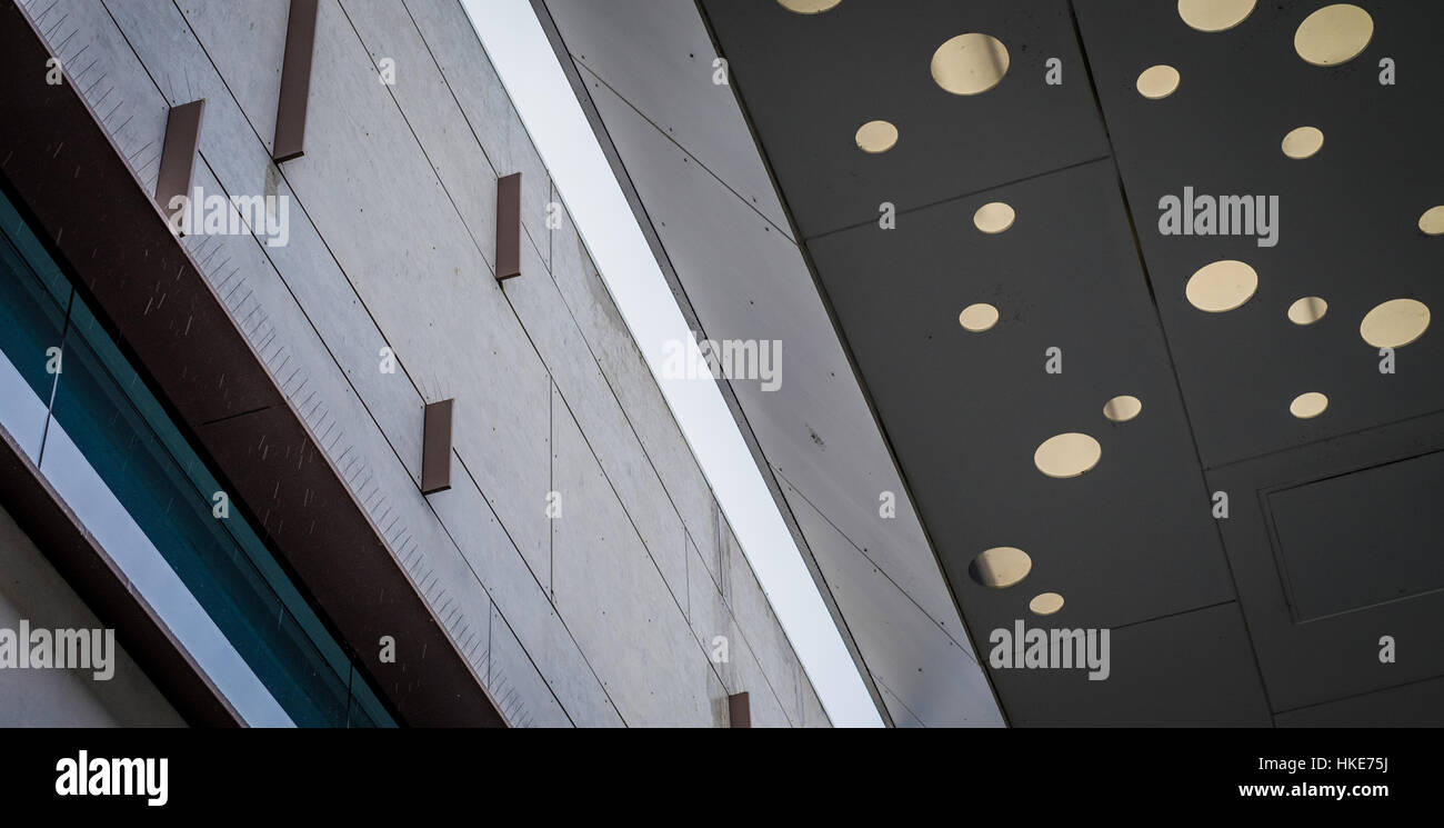 Architectural features lines and circles on building facade and awning ...