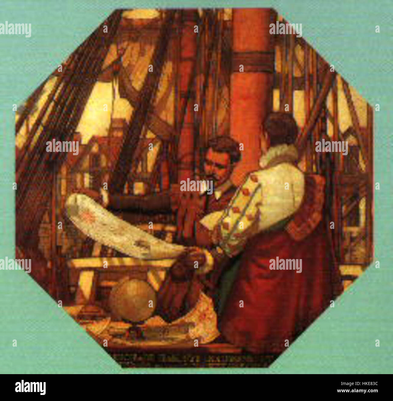 This artwork by Kenneth Shoesmith portrays Richard Hakluyt, an ...