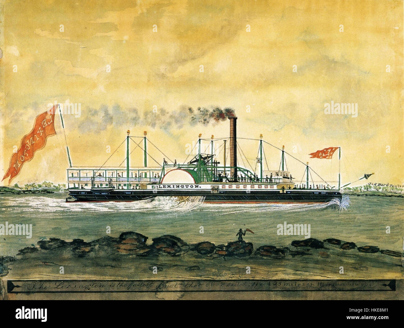 This painting by Bard depicts the steamboat *Lexington*, an iconic ...