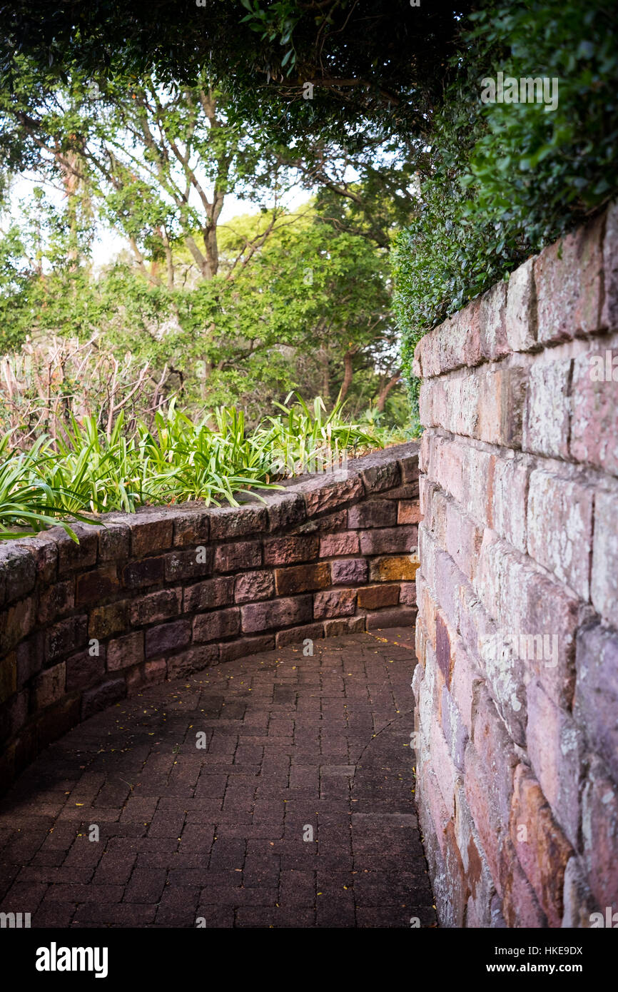 Old brick walls following curved path with overhanging trees Stock ...