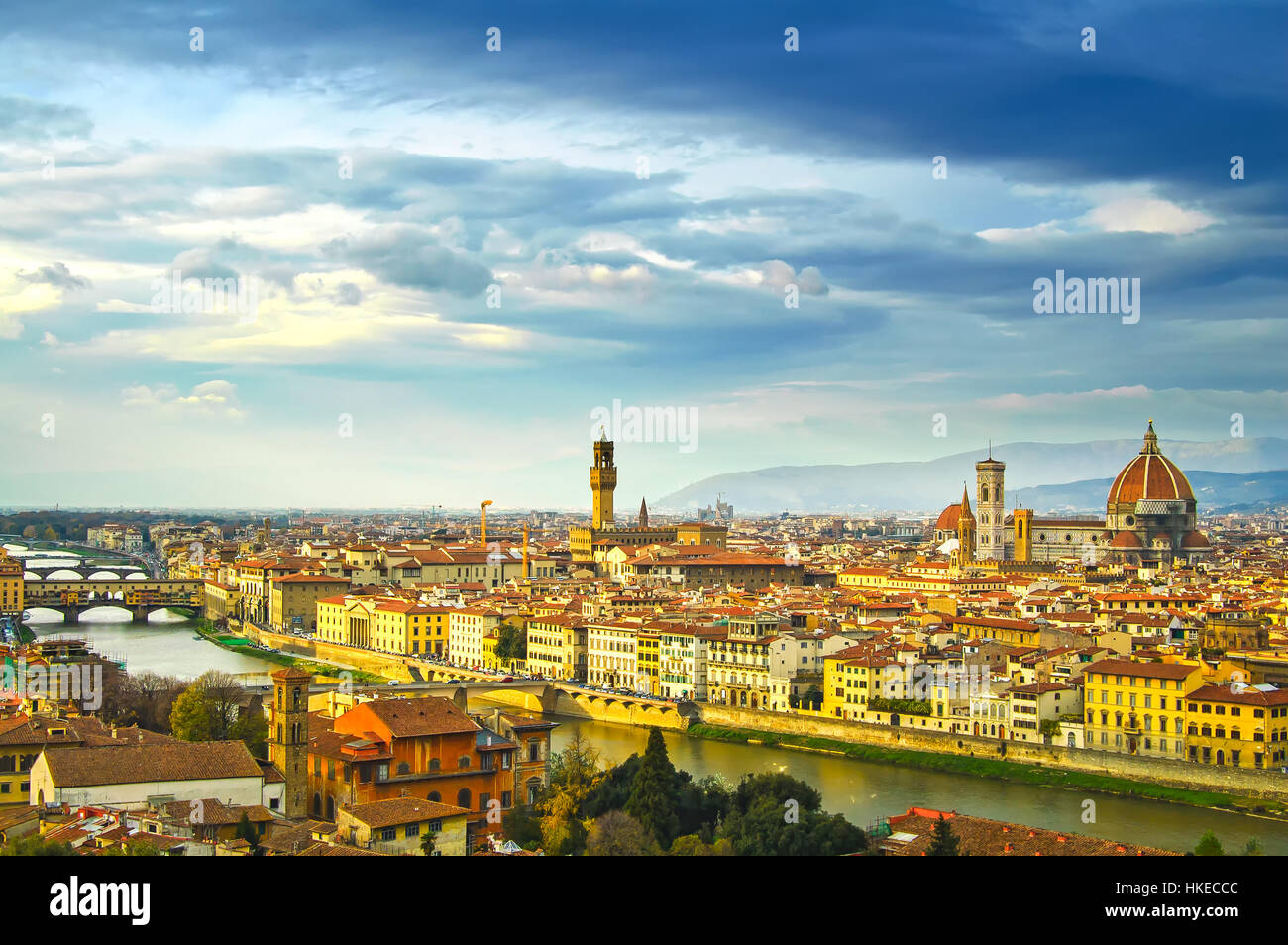 Florence sunset aerial cityscape. Panorama view from Michelangelo park ...