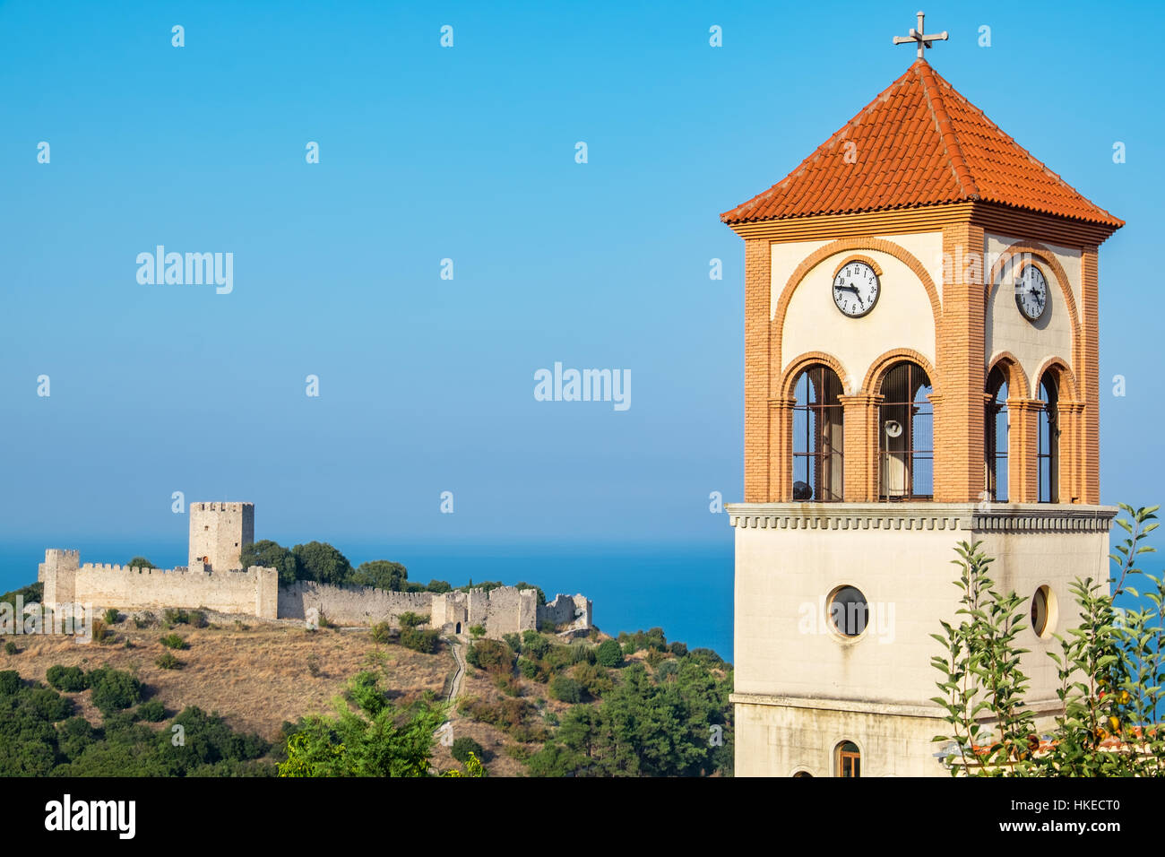 Neos Panteleimonas church and Platamonas fortress. Pieria, Greece Stock ...