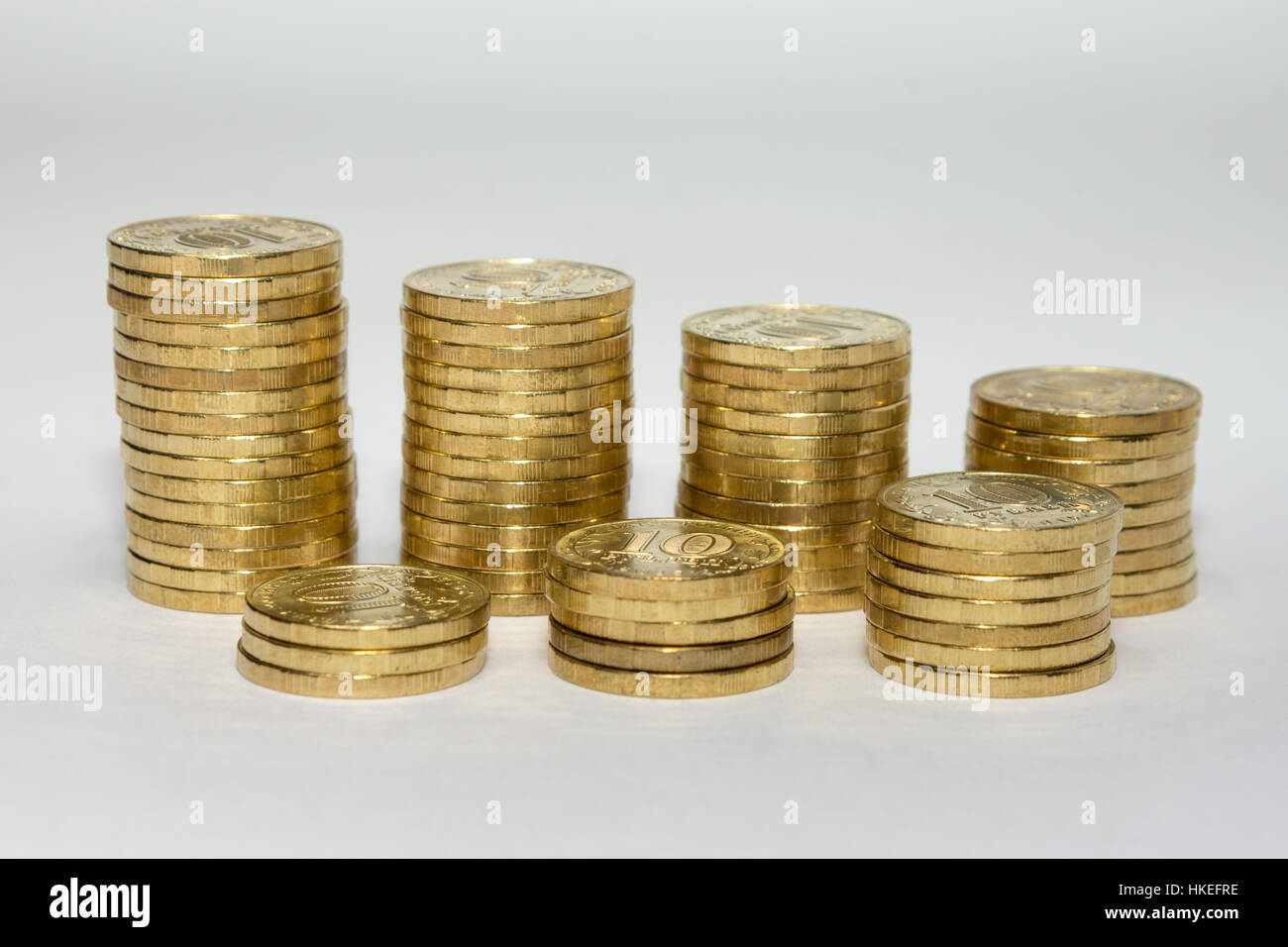 Seven columns of coins Russian ten-coin set in two rows showing the ...