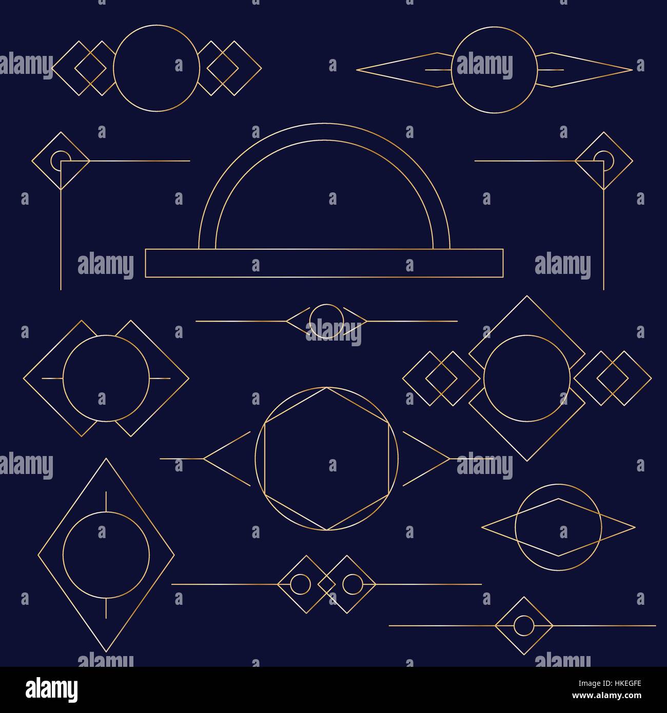 Set of golden linear graphic stylized frames and borders on blue ...