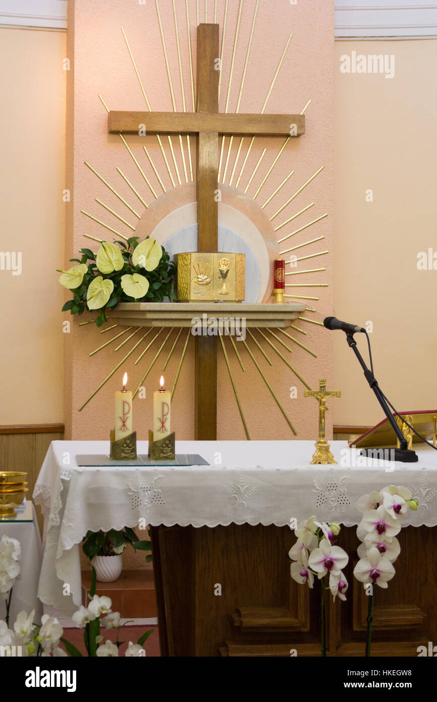 The altar with the tabernacle in the Adoration chapel in Medjugorje ...