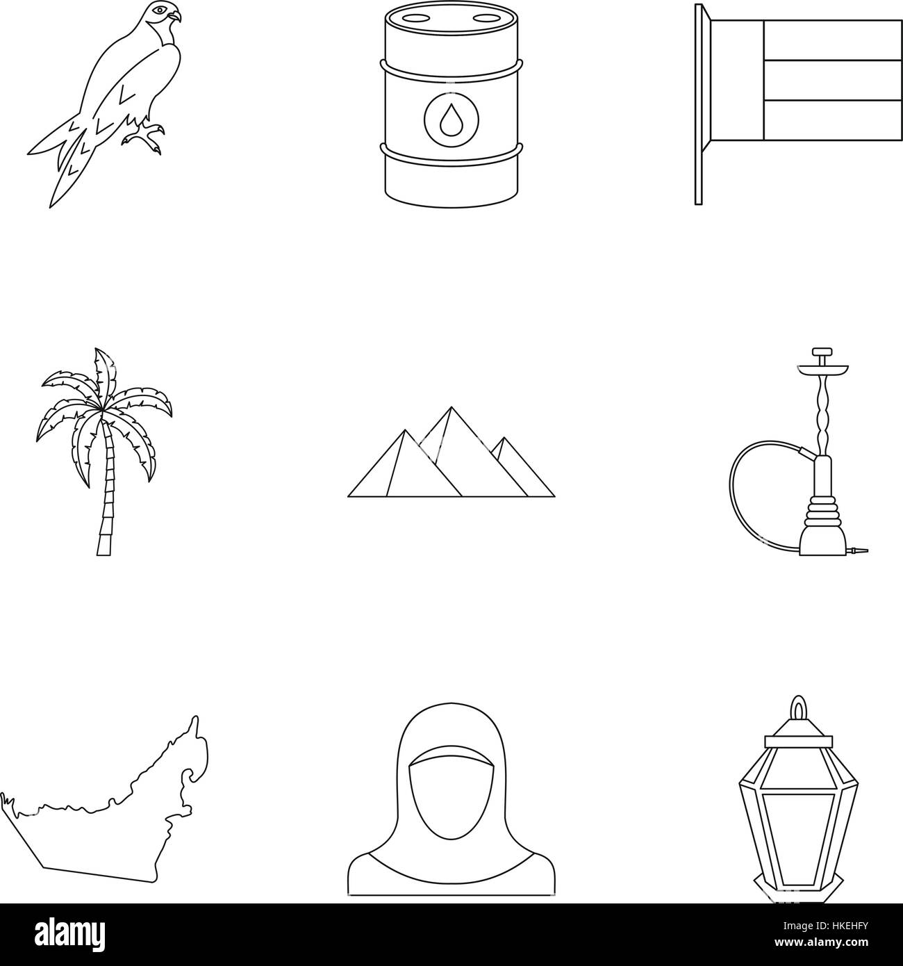 State of UAE icons set. Outline illustration of 9 state of UAE vector ...