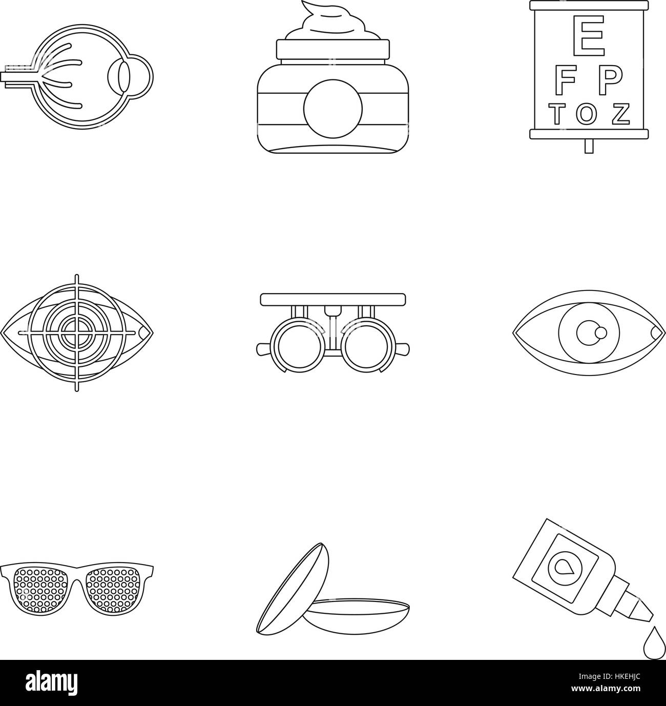 Eye exam icons set. Outline illustration of 9 eye exam vector icons for ...