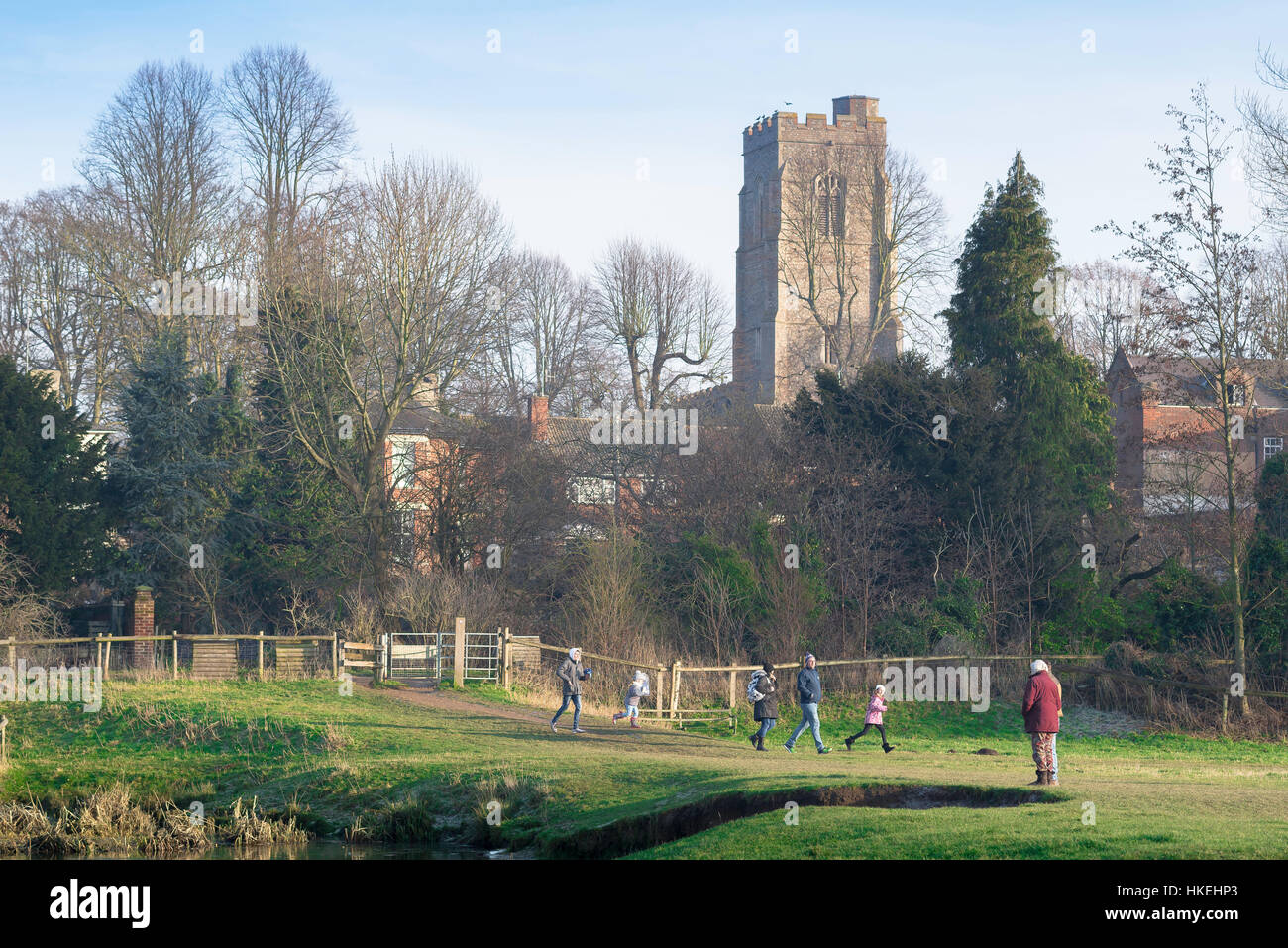 Sudbury Suffolk, people walk through the water meadows in the Suffolk ...