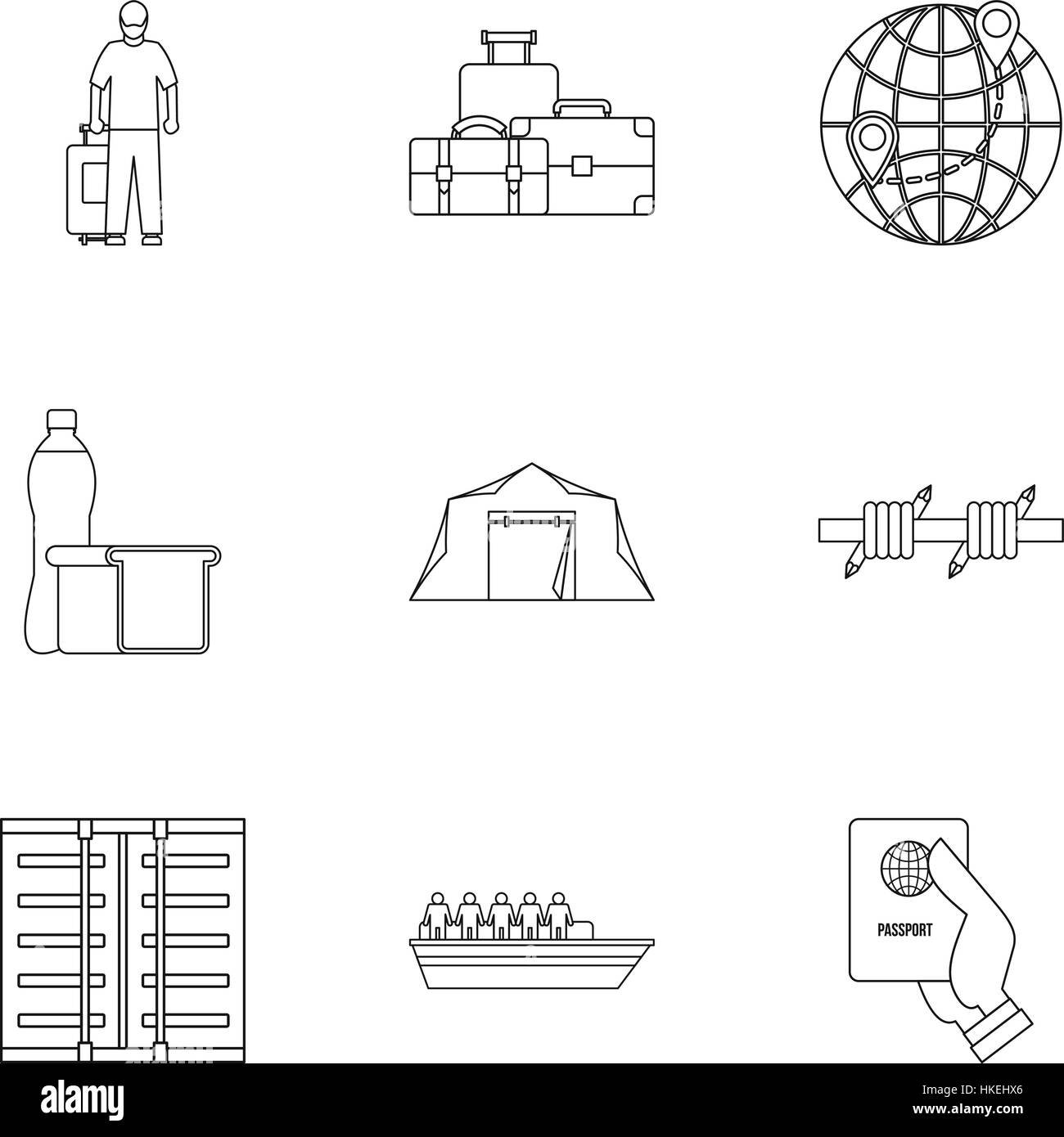 People refugees icons set. Outline illustration of 9 people refugees ...