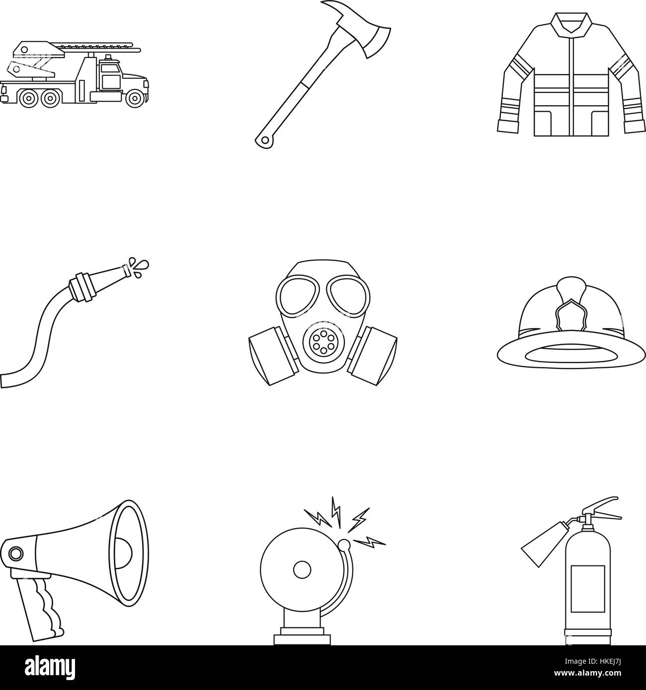 Firefighter icons set. Outline illustration of 9 firefighter vector ...
