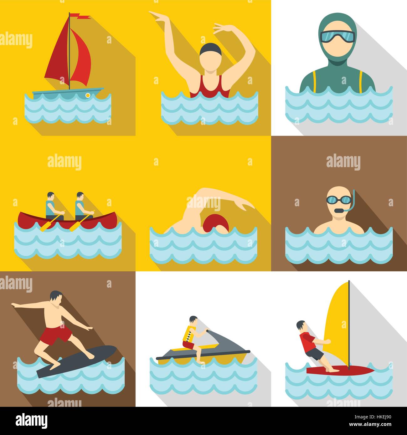 Water exercise icons set. Flat illustration of 9 water exercise vector ...