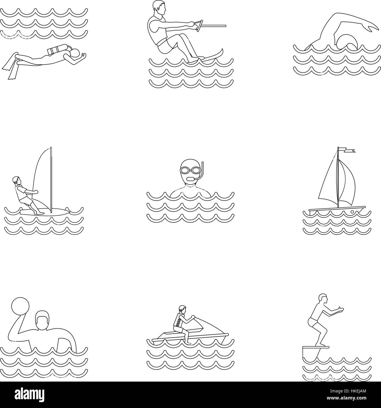 Swimming on water icons set. Outline illustration of 9 swimming on ...