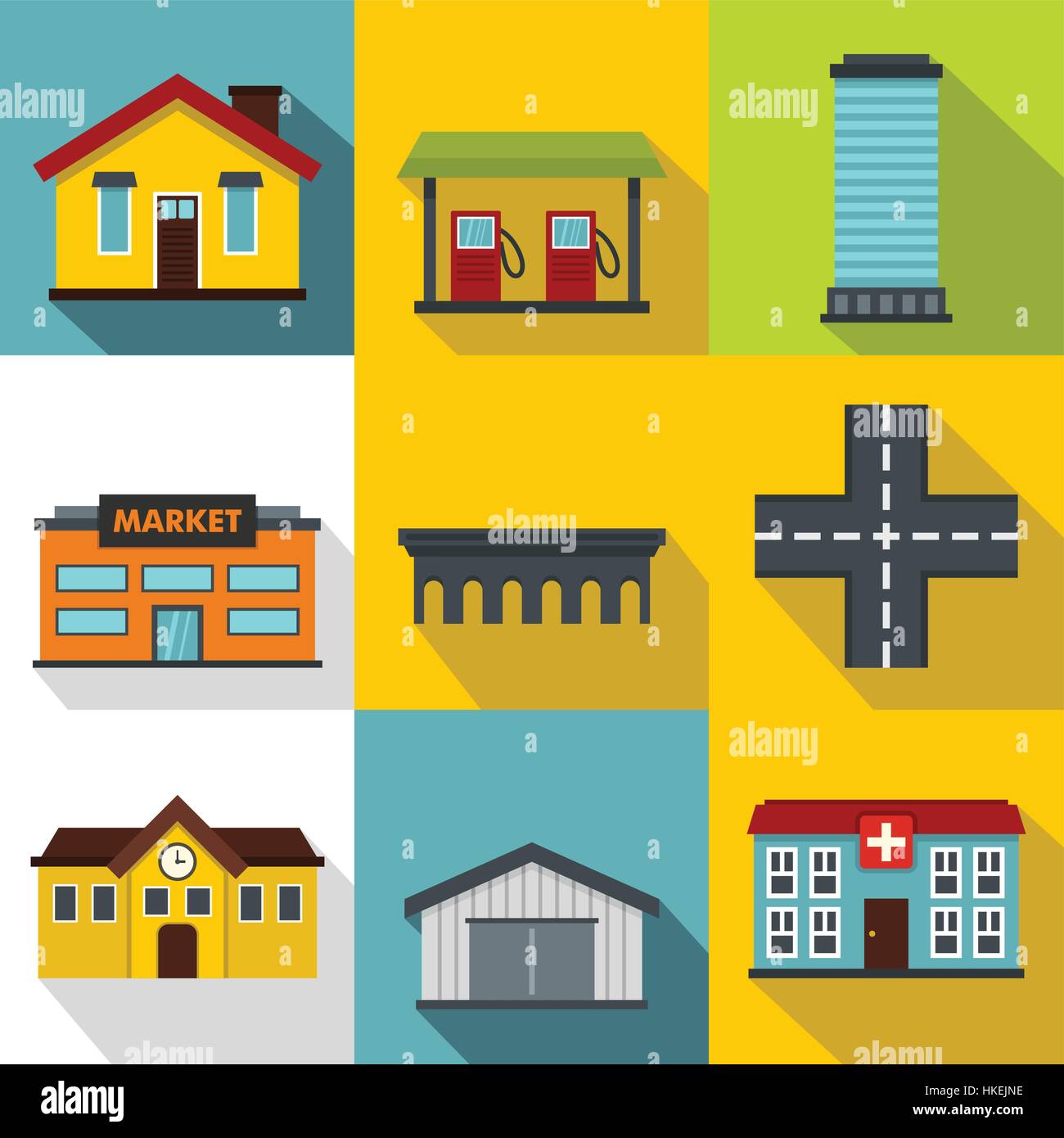 Public building icons set. Flat illustration of 9 public building ...