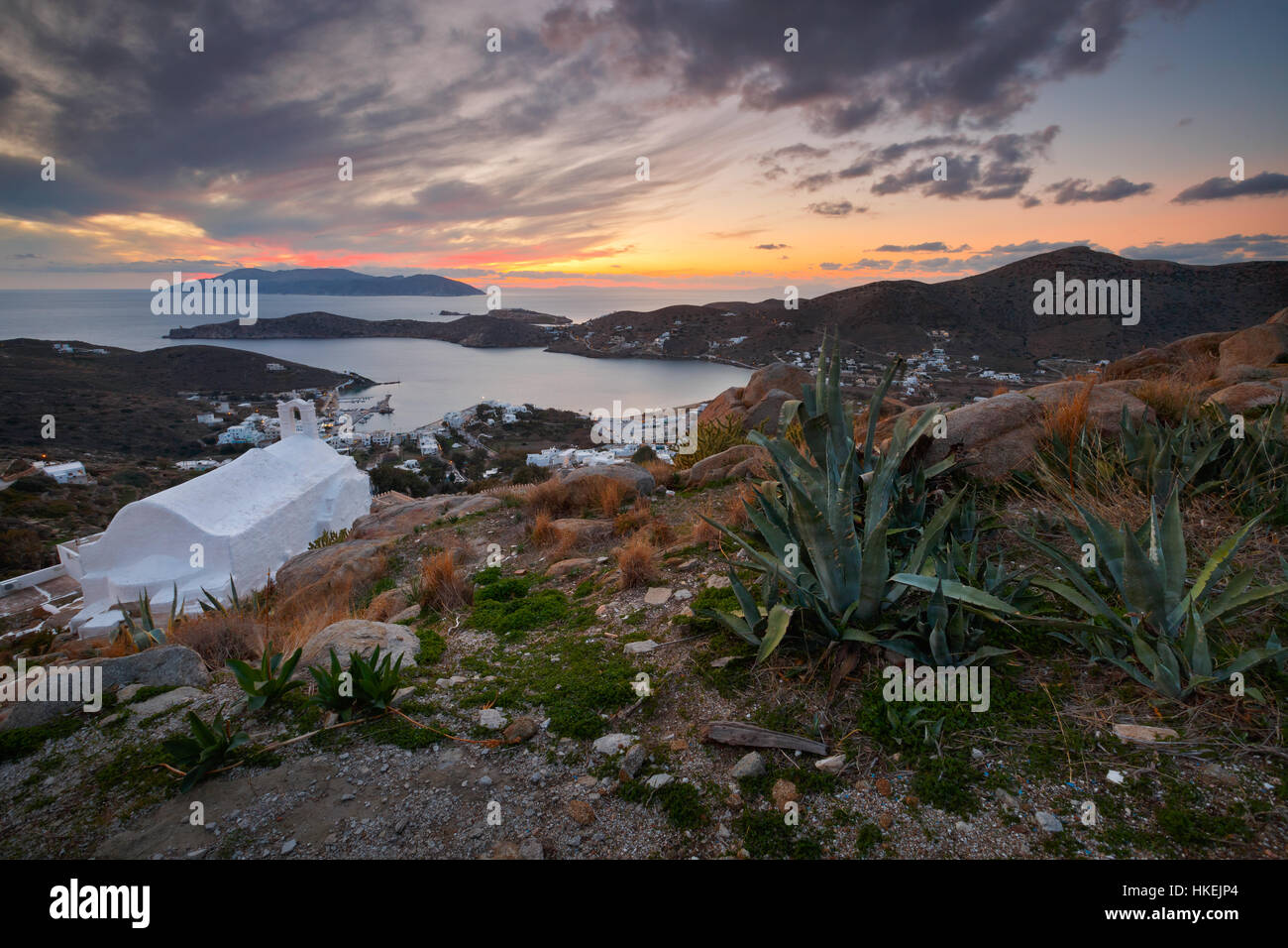Harbour of Ios island and Sikinos island in the distance, Greece Stock ...