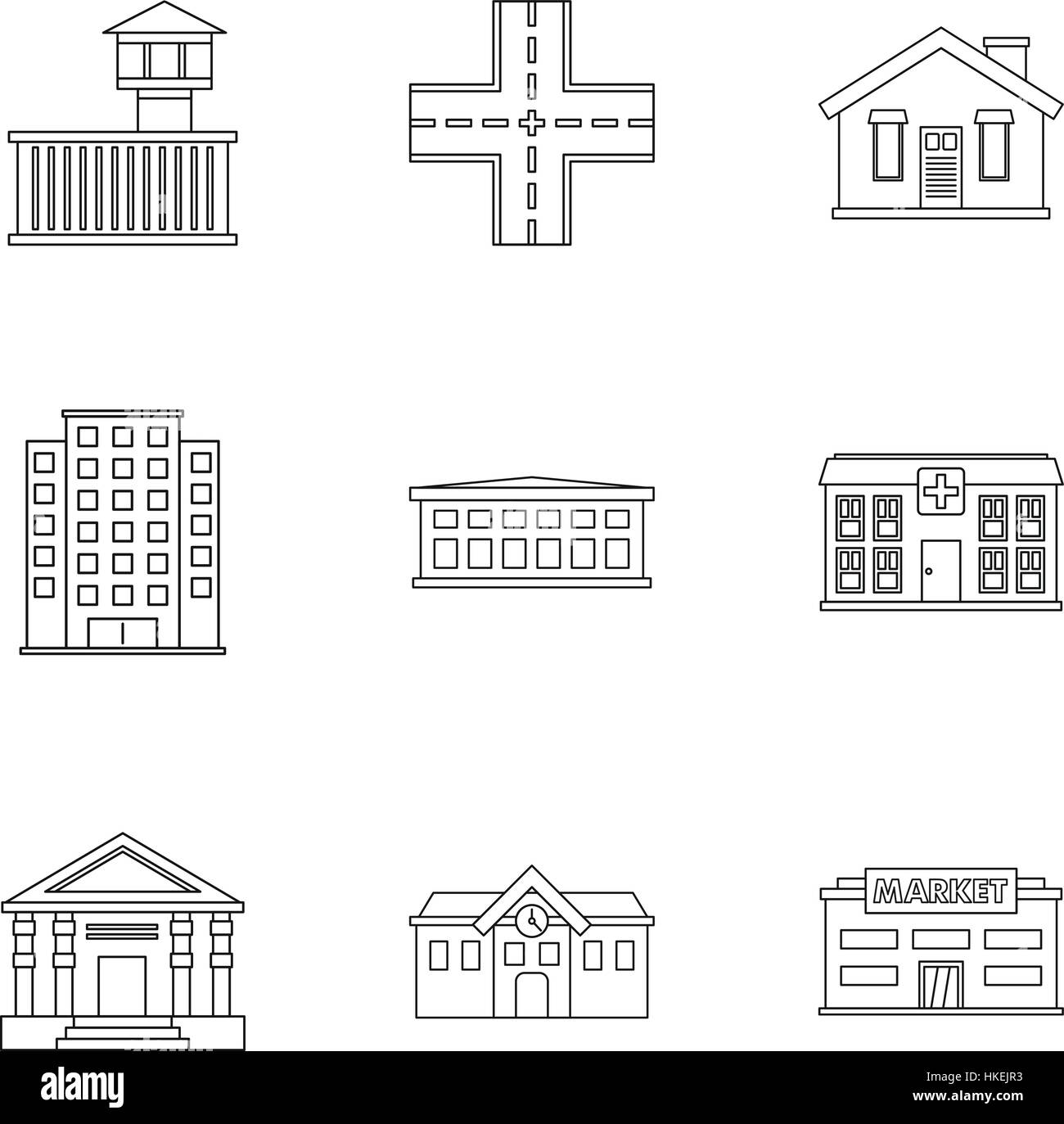 Building icons set. Outline illustration of 9 building vector icons for ...