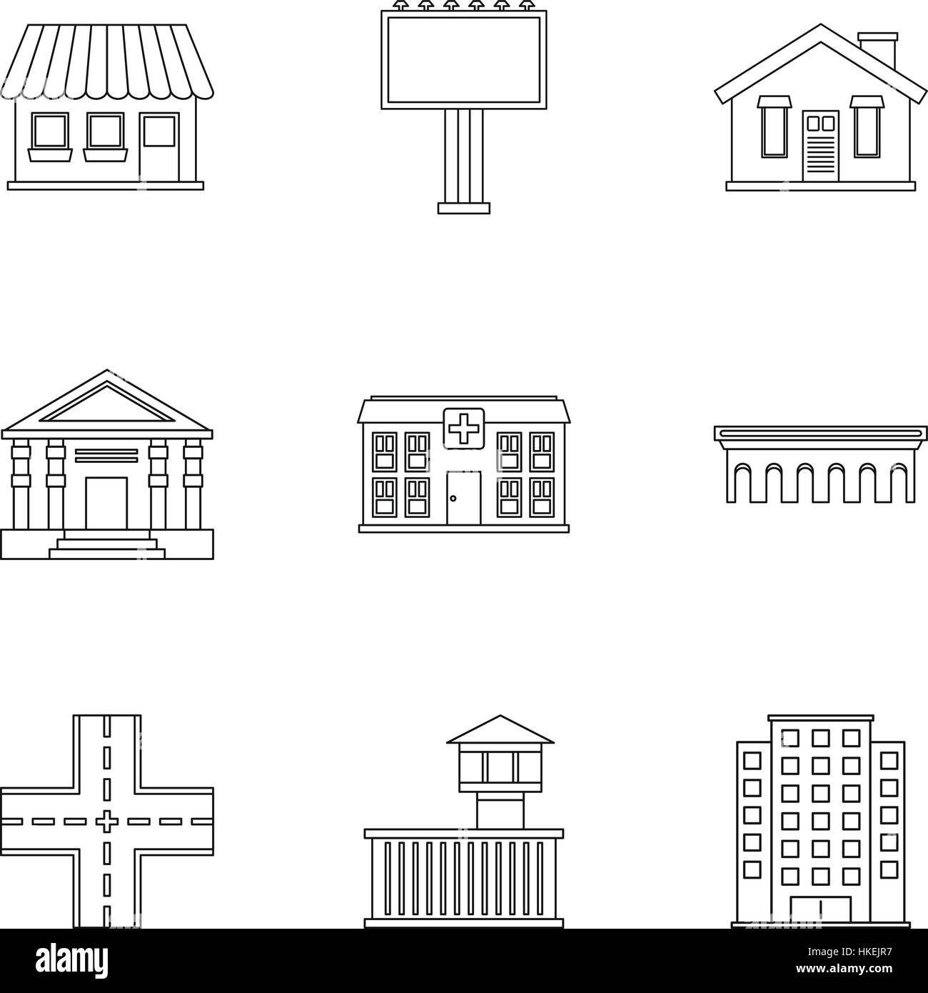 City buildings icons set. Outline illustration of 9 city buildings ...