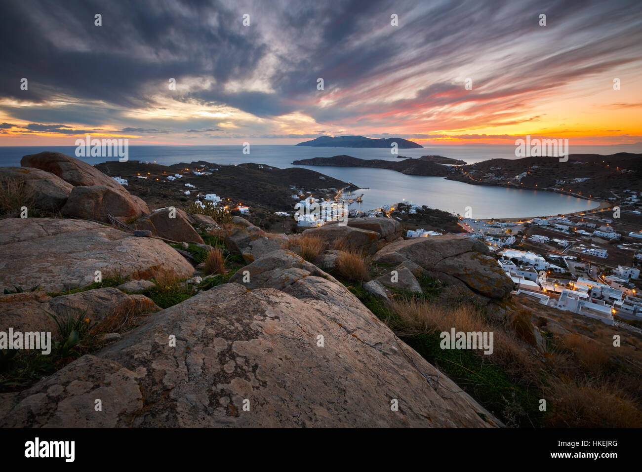 Harbour of Ios island and Sikinos island in the distance, Greece Stock ...