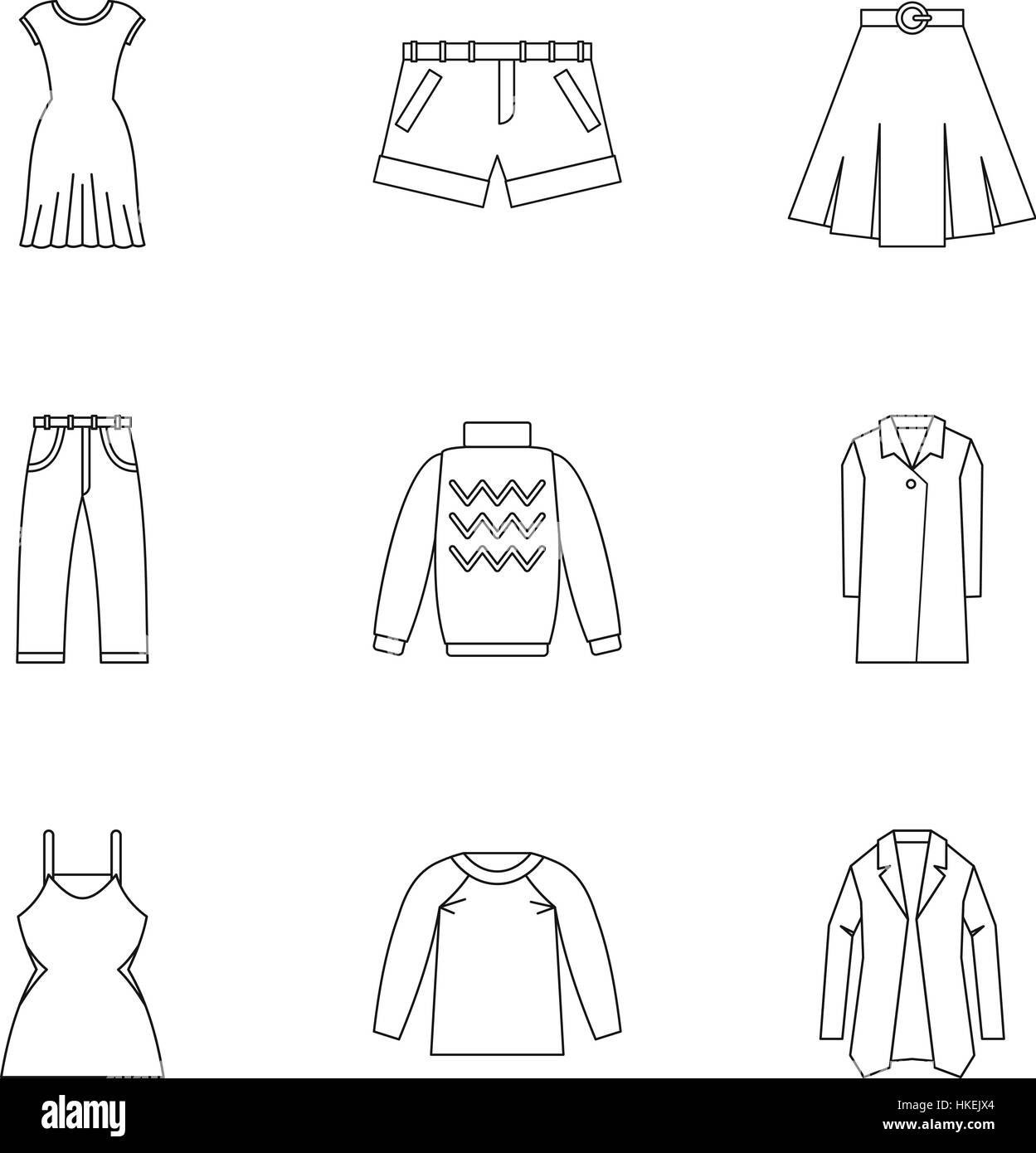 Types of clothes icons set. Outline illustration of 9 types of clothes ...