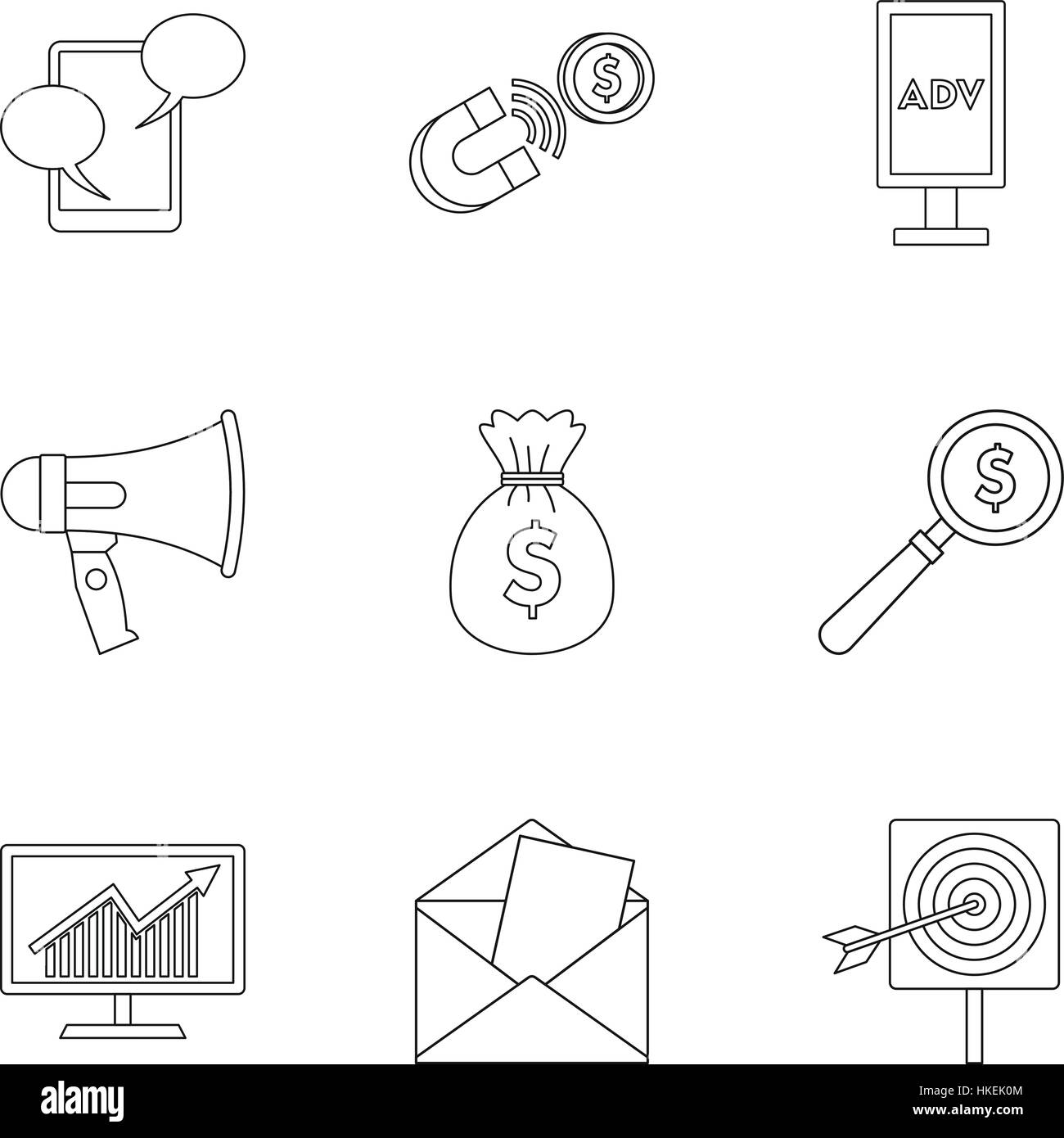 Advertising goods icons set. Outline illustration of 9 advertising ...