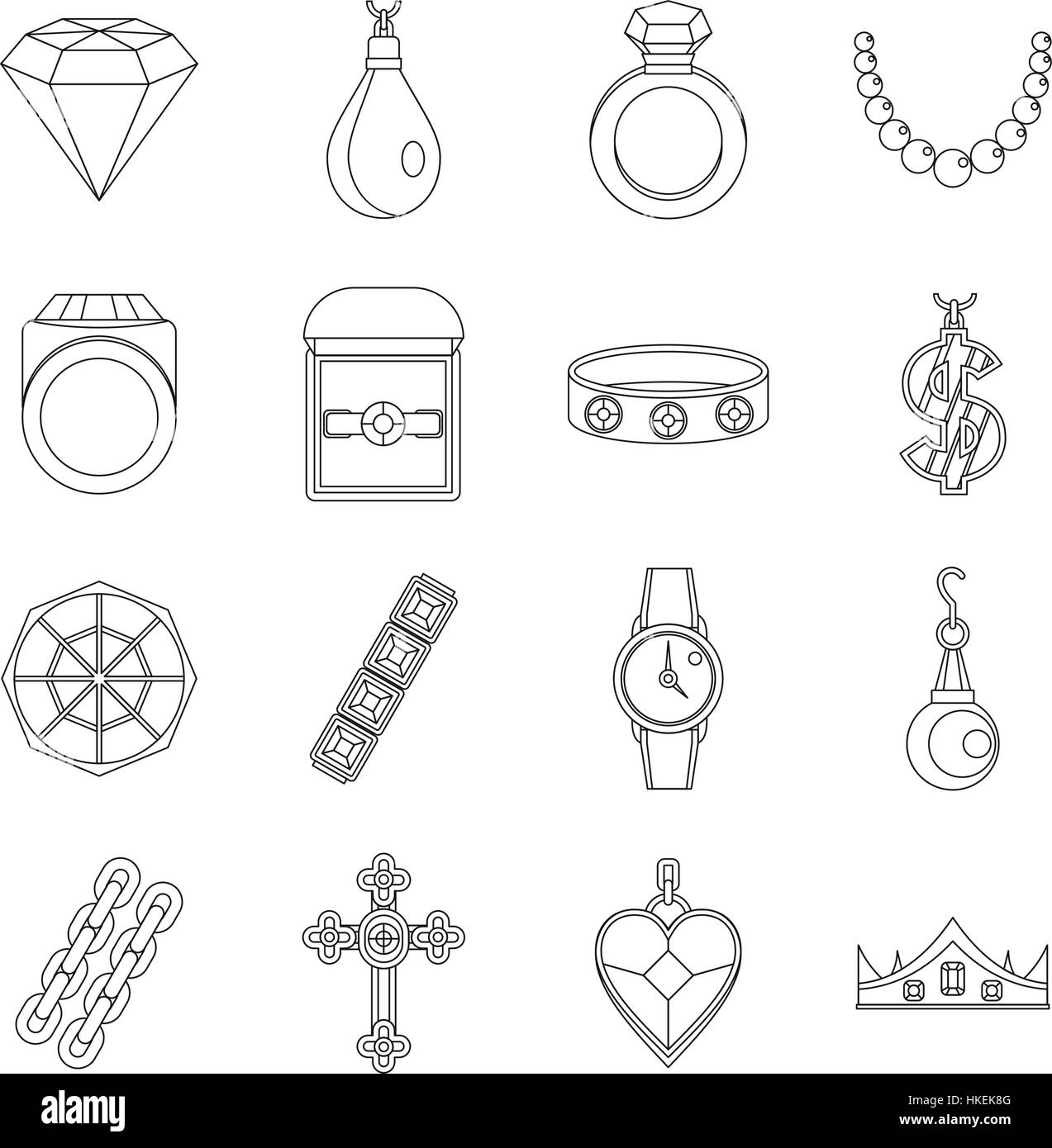 Jewelry items icons set. Outline illustration of 16 jewelry items ...