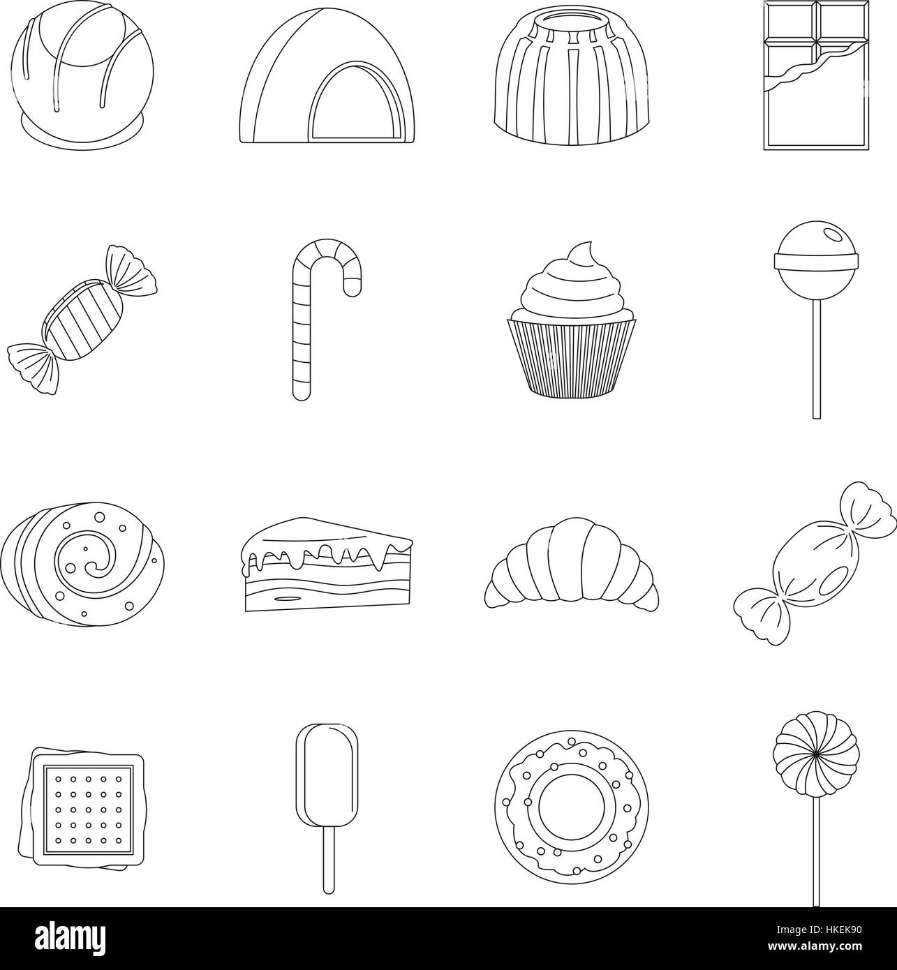 Sweets and candies icons set. Outline illustration of 16 sweets and ...