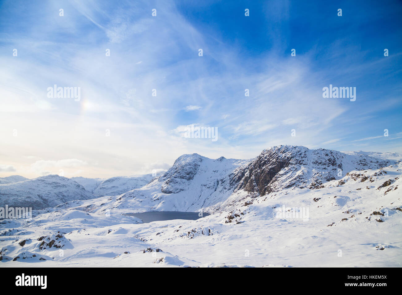The Langdale Pikes and Stickle Tarn covered in snow the Lake District ...