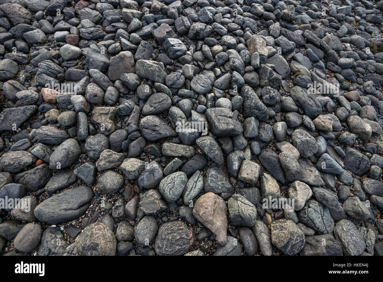 Pattern of pebbles of different shapes and sizes on a beach in Scotland ...