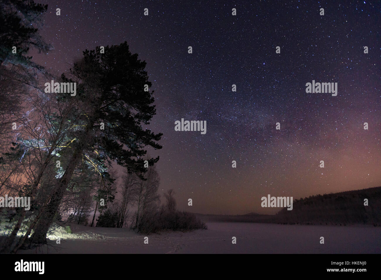 night sky in forest, frozen lake with night stars sky, russian winter ...