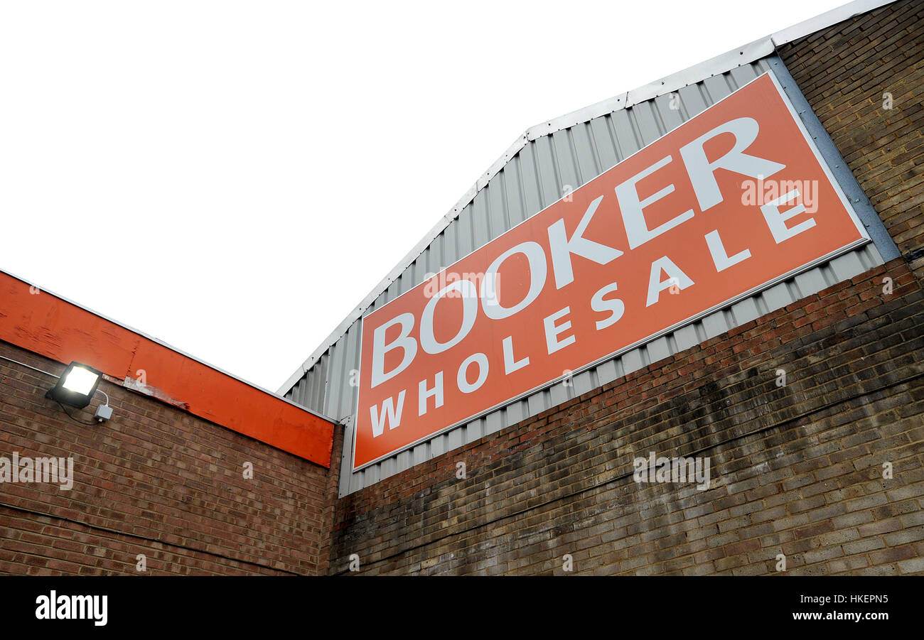 A sign at a Booker wholesale warehouse in Chelmsford, Essex, as ...