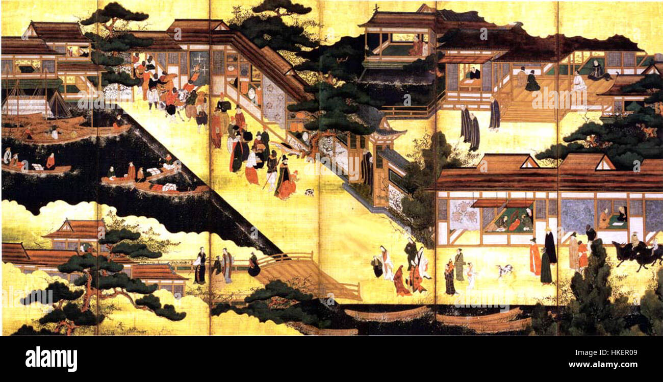 This artwork depicts the first arrival of Portuguese traders in Japan ...