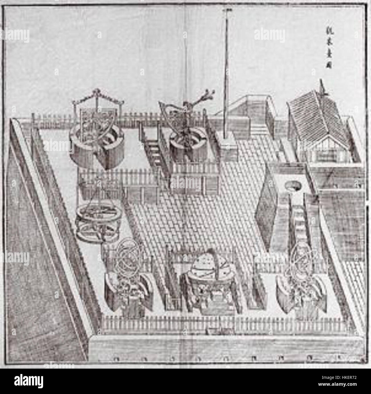 A historical painting of the Observatory in Beijing, capturing the architectural grandeur and ...