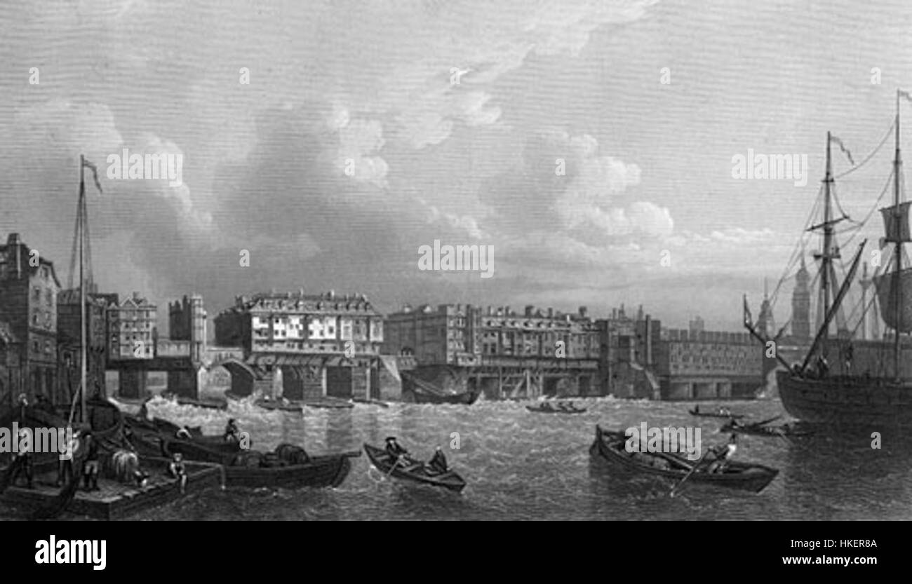 This painting depicts the Old London Bridge over the River Thames in ...