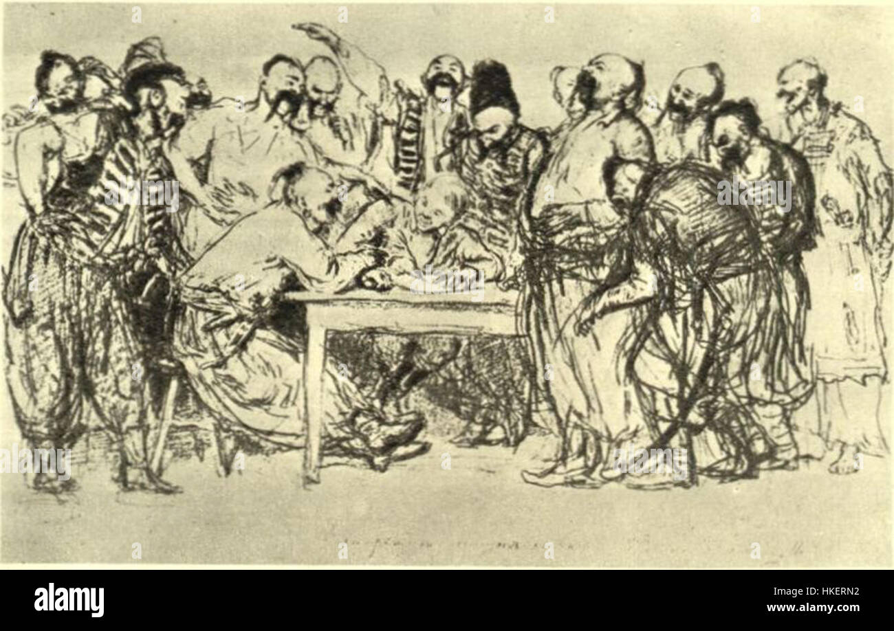 This drawing by Ilya Repin depicts the Zaporozhian Cossacks, capturing ...