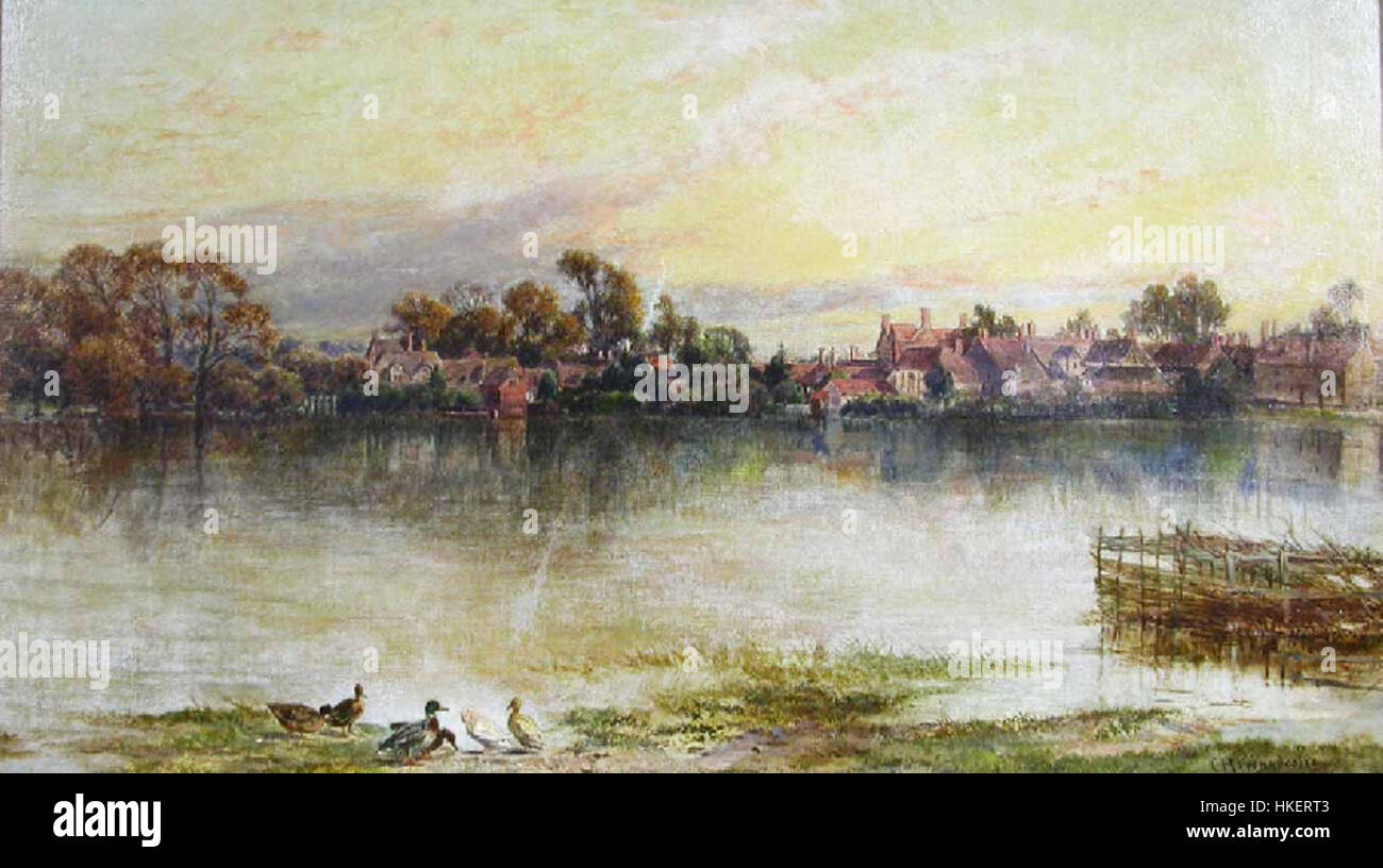 River Scene with Buildings Stock Photo - Alamy