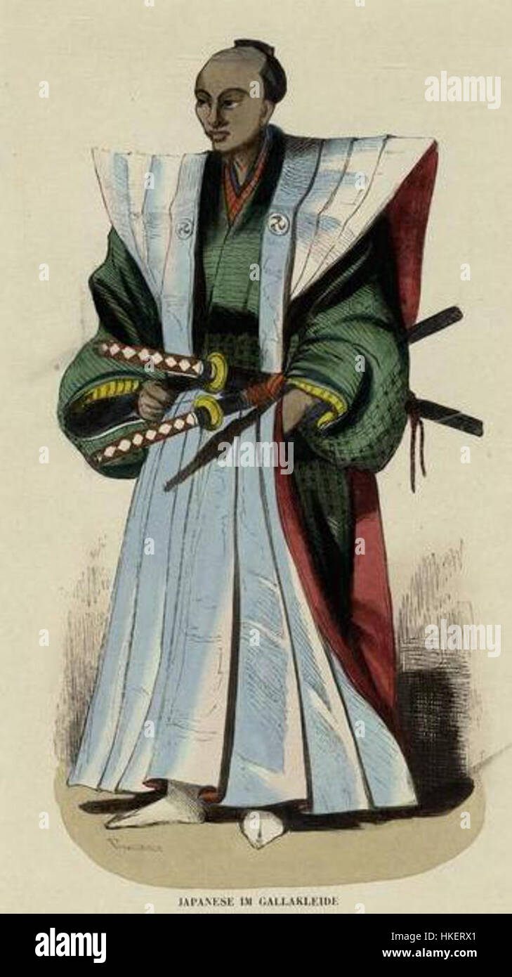 This artwork portrays a samurai in full gala costume, highlighting the ...