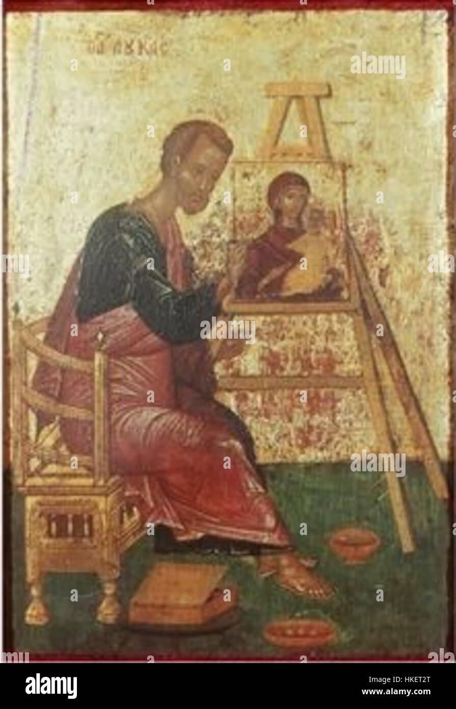 A religious painting depicting Saint Luke painting an image of the ...