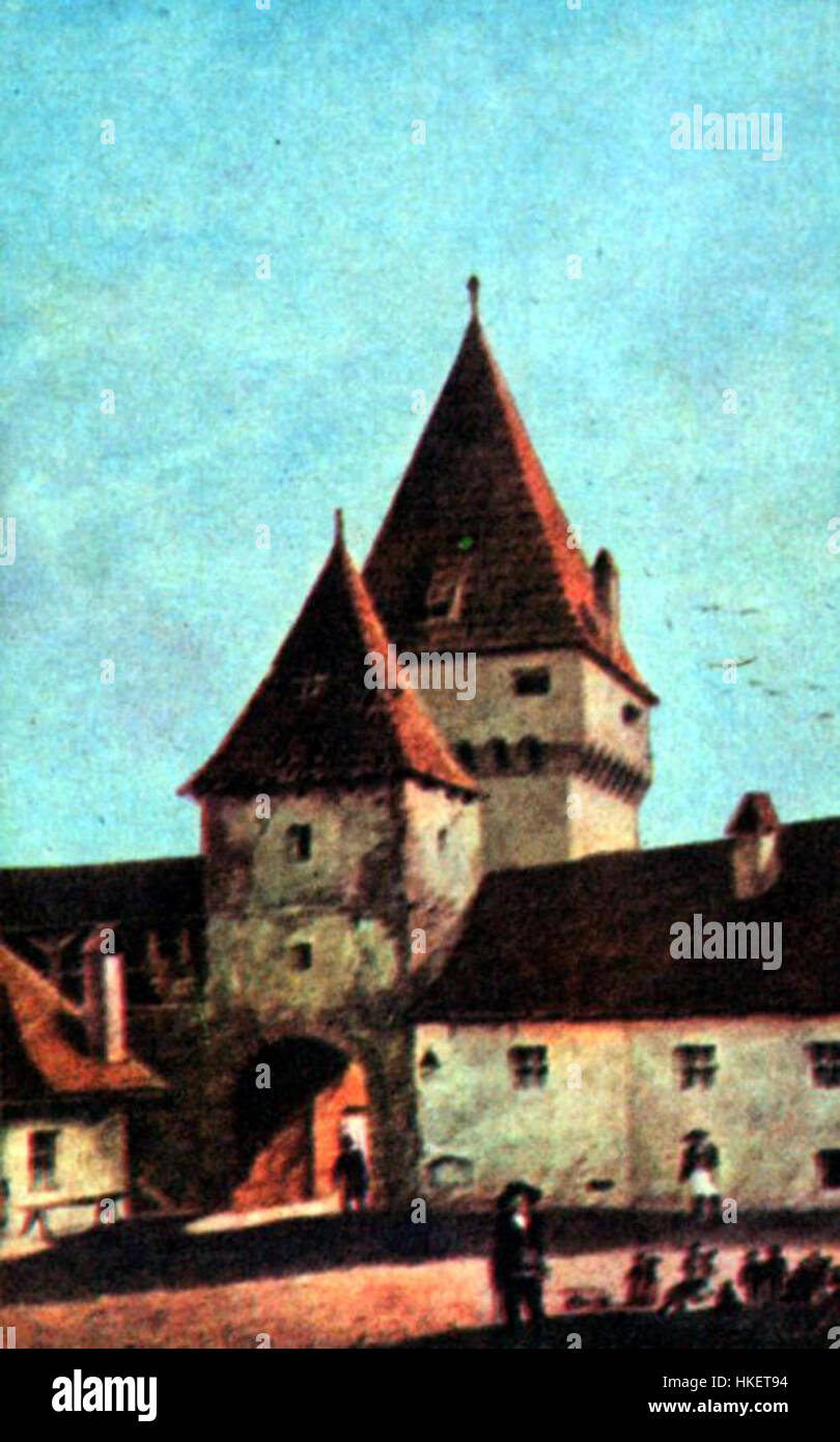 A work of art depicting the historic architecture of Poarta Sibiu ...