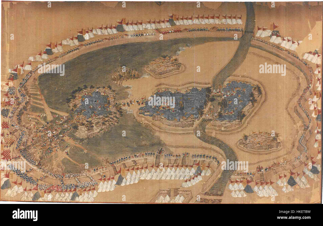 This painting depicts the *Siege of Lianzhen*, capturing a pivotal ...