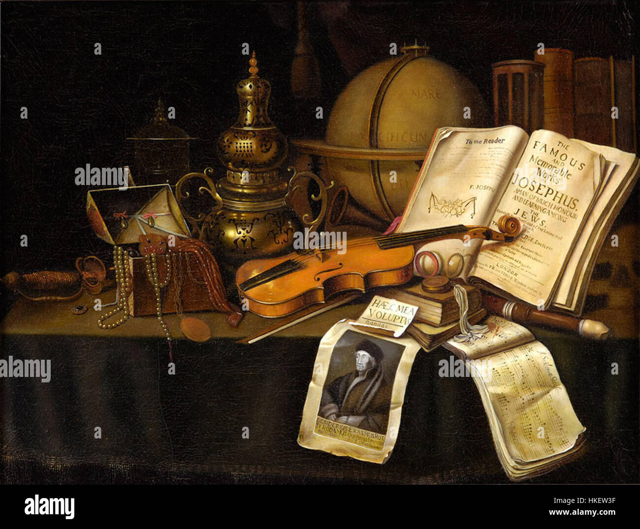 A still life painting featuring jewels, a violin, a globe, and a book ...