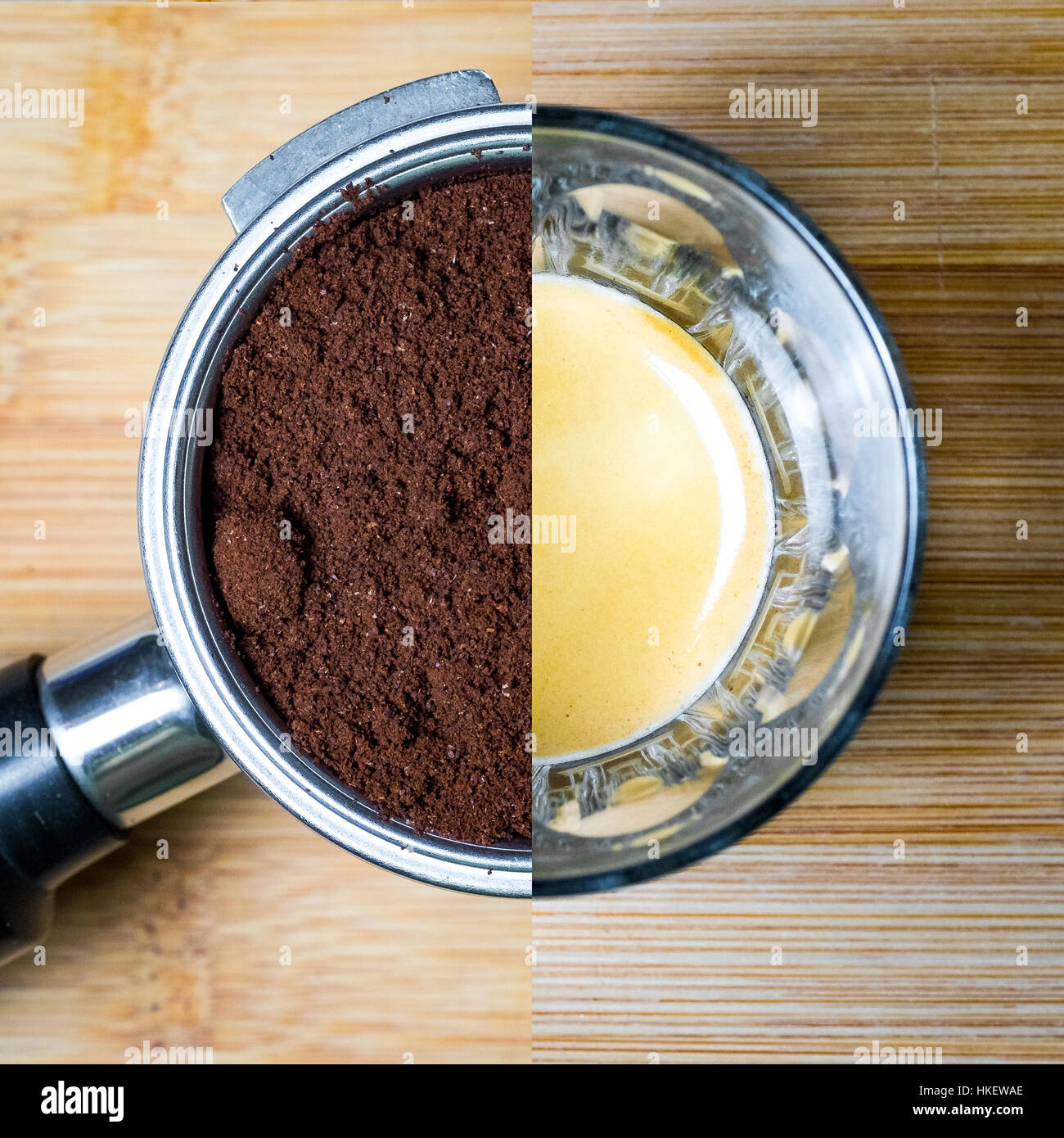 Split image of group head with coffee and espresso in glass on bamboo ...