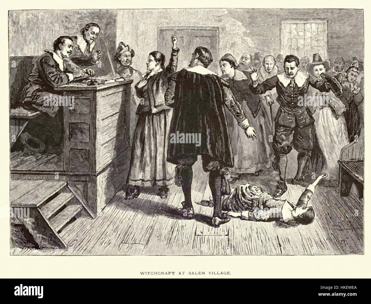The artwork depicting the Salem Witchcraft Trials illustrates the tense ...