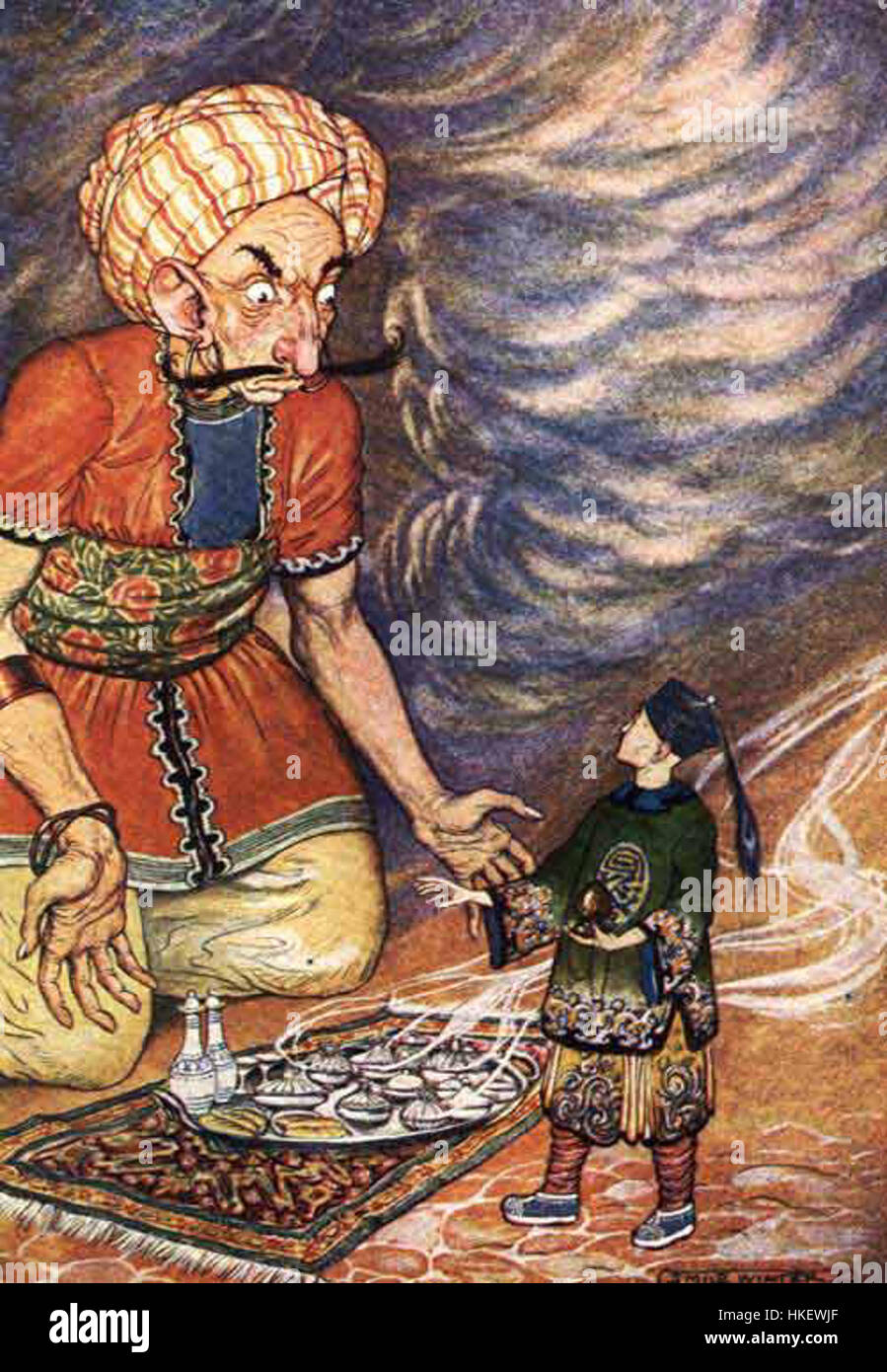 This painting illustrates a scene from a Middle Eastern tale, where a ...