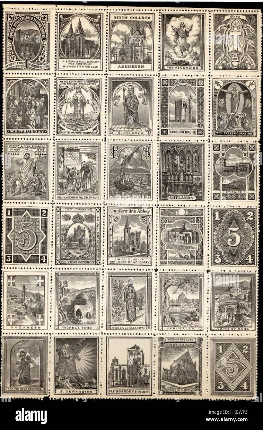 A sheet featuring church attendance stamps, historically used to record ...